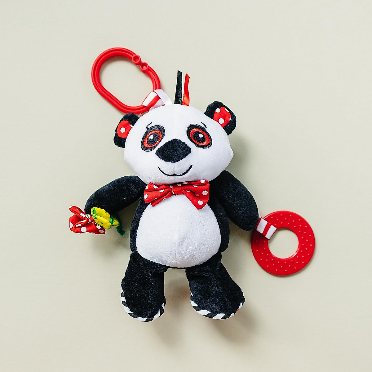 Genius Baby Toys Panda Soft Sensory Toy with Teething Ring for Baby, Attaches to Stroller, 8"