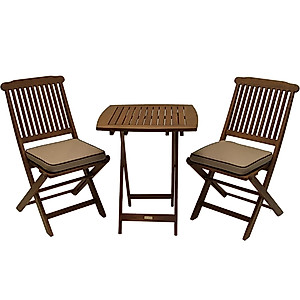 Outdoor Interiors Eucalyptus Wood 3-Piece Square Foldable Bistro Outdoor Furniture Patio Set, Table and 2 Chairs with Cushions, Beige