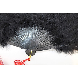 9 Colors Marabou Large Feather Fan 23"X12"for Dancing, Party, Wedding,Bridal Bouquet Deco (Black w/Black Staves)