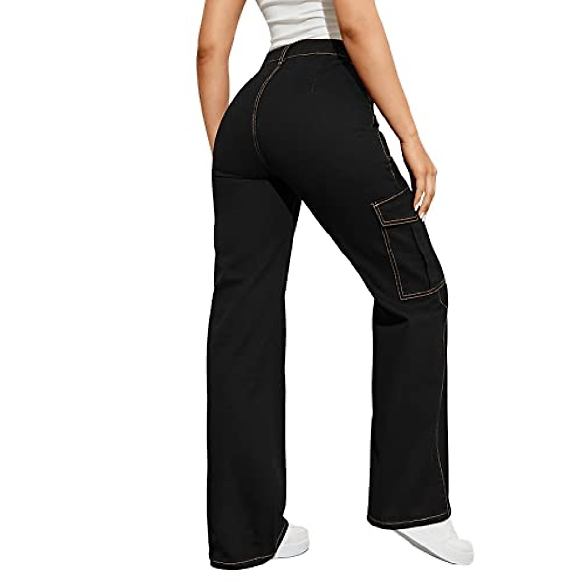 SweatyRocks Women's High Waist Cargo Jeans Flap Pocket Wide Leg Denim Pants Solid Black XXS