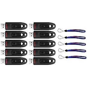 SanDisk Ultra USB (10 Pack) 3.0 32GB CZ48 Flash Drive High Performance Jump Drive/Thumb Drive/Pen Drive up to 100MB/s - Bundle with (5) Everything But Stromboli Lanyard