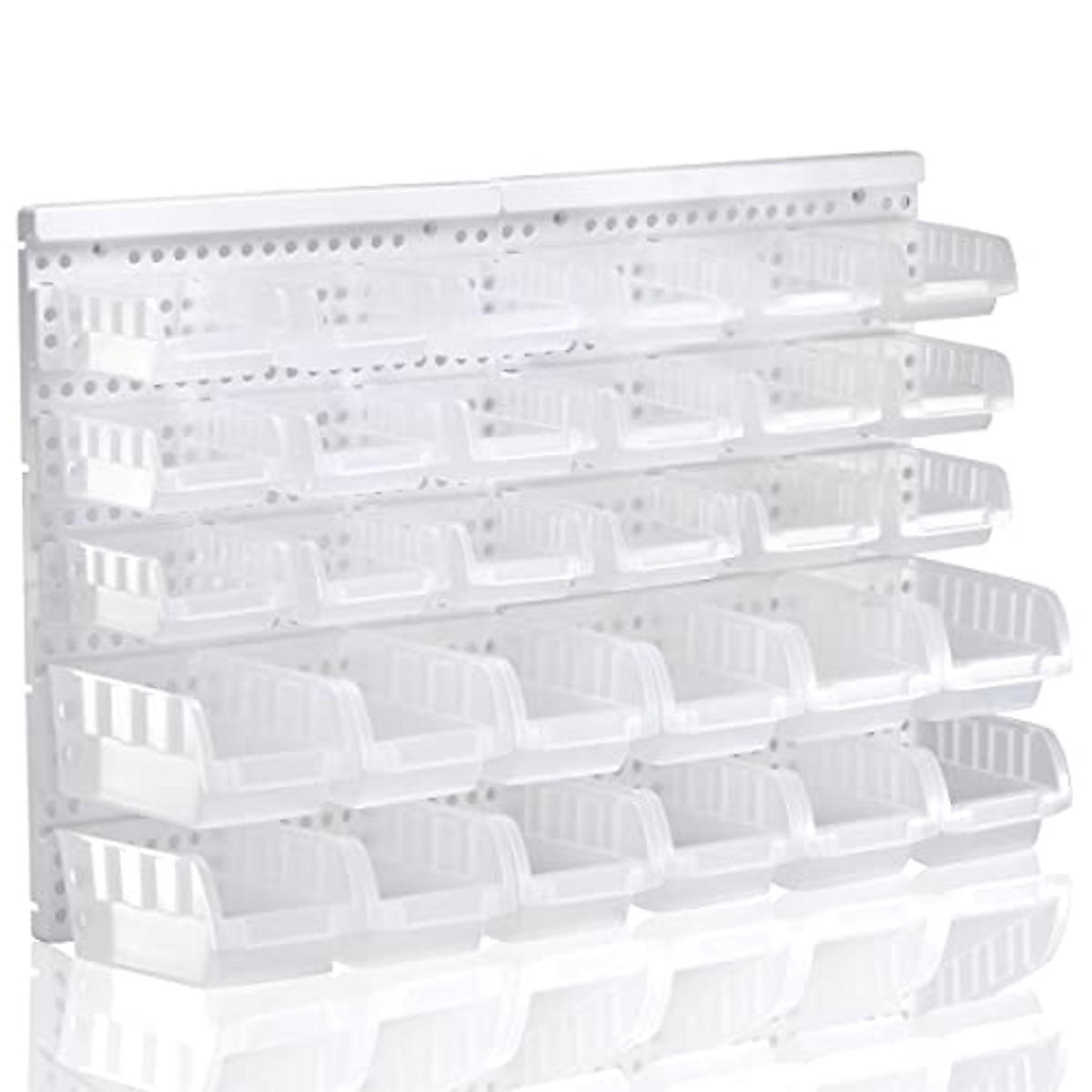RIVTUN Transparent Garage Organizer Bins, 30PCS Wall Mounted Storage Small Parts Bins With White Pegboard to Store Nuts,Bolts, Screws, Nails