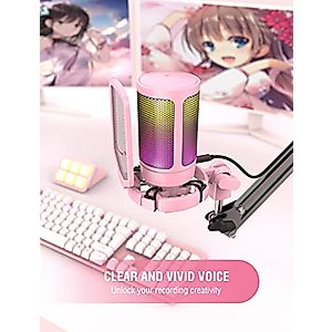 FIFINE USB Gaming PC Microphone for Streaming Podcasts, AmpliGame RGB Computer Condenser Desktop Mic, Cardioid Pattern for YouTube Video, Plug and Play on PS4 PS5, with Quick Mute, Mic Gain-A6V Pink