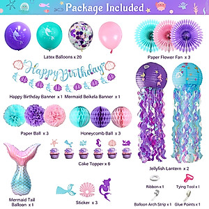 Ouddy Life Mermaid Birthday Party Decorations, 48Pcs Happy Birthday Banner Jellyfish Lantern Cake Topper Mermaid Balloons for Little Mermaid Theme Birthday Baby Shower Ocean Party Supplies Favors Girl