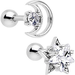 Body Candy Steel Moon and Star Tragus Cartilage Earring Set of 2 16 Gauge 1/4" (White)