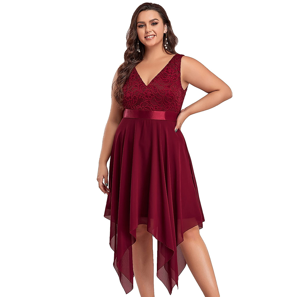 Ever-Pretty Plus Women's Plus Size Deep V Neck Asymmetric Evening Party Dress Burgundy US26
