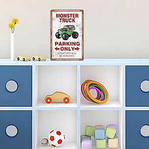Monster Truck Parking Only Sign Boy's Room Decor Bedroom Accessories Birthday Party Decorations 12 x 8 Inch (957)