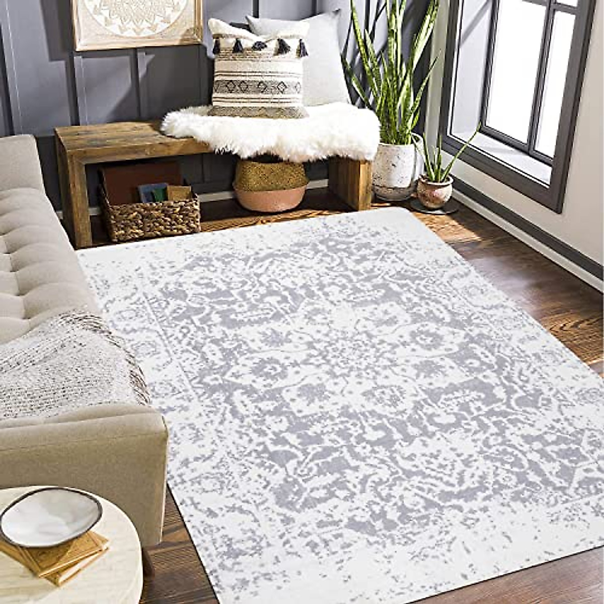 Homcomoda Distressed Area Rug 4x6 Non Slip Washable Vintage Bedroom Rug Faux Wool Throw Mat Low-Pile Area Floor Carpet Mat for Living Room Bedroom Kids' Room Kitchen Laundry Room