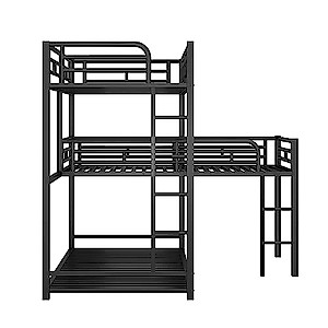 GINGVAT L-Shaped Metal Triple Twin Size Bunk Bed with 2 Built-in Ladder, Loft Bedframe and Safety Guardrails, Modern Style Bedroom Furniture for Children/Teenagers, Black