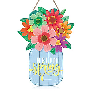 TOARTi Colorful Flower Hello Spring Front Door Sign (7''x9.8''), Floral Pattern Wall Hanging Welcome Spring Sign, Outdoor Rustic Wooden Door Hanger Decorative Farmhouse Porch Garden Cafe