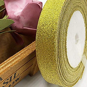 50 Yards Gold Glitter Ribbon 3/8 Inch, Sparkly Thin Solid Fabric Ribbon for Gift Wrapping, Crafts, Holiday Wedding Birthday Party Decoration Floral Bouquet, Metallic Gold Ribbon Roll