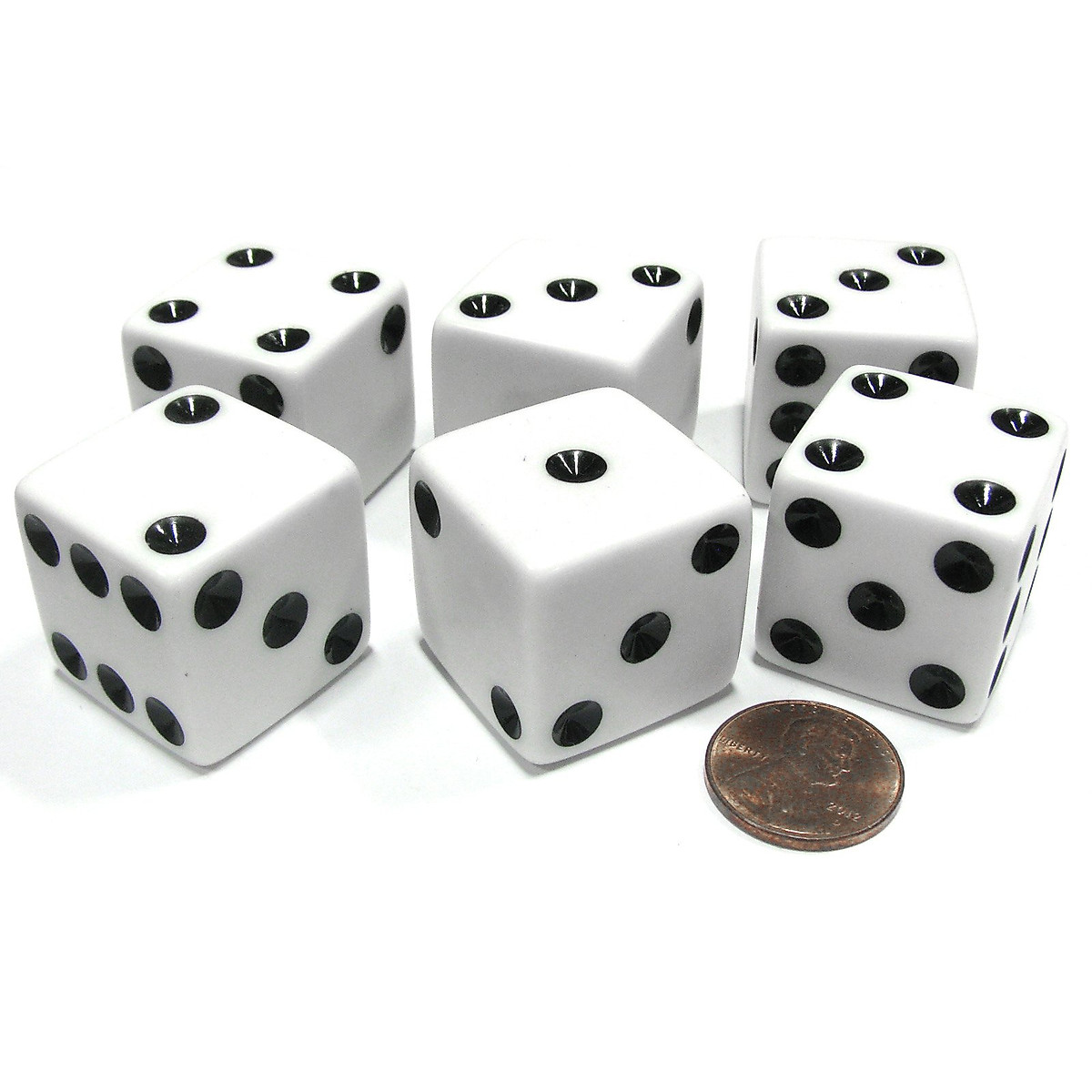 Set of 6 D6 25mm Large Opaque Jumbo Dice - White with Black Pip by Koplow Games