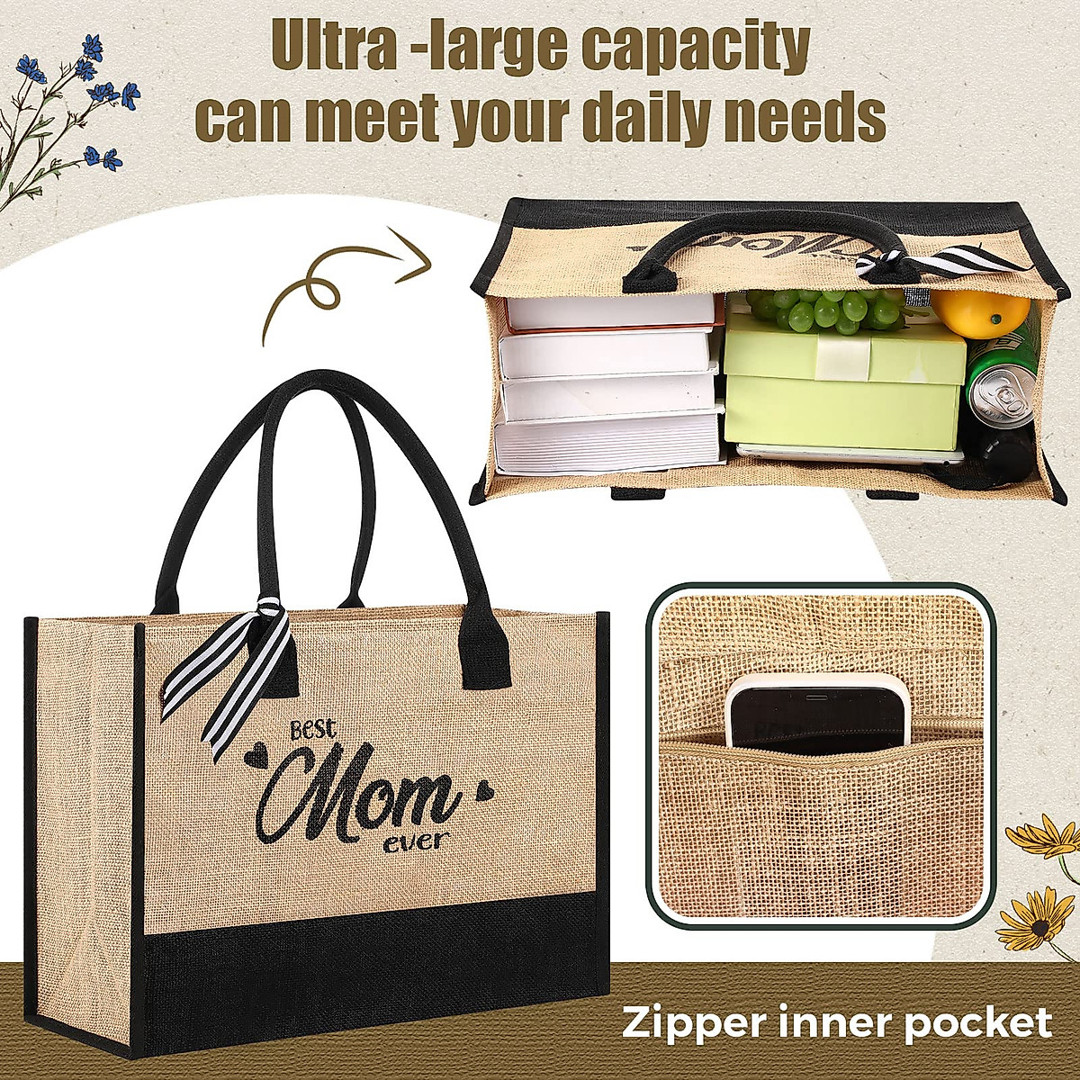 Cunno Mother's Day Mom Tote Bag 16.5 x 11.8 x 6.7 Inch Beach Bag Gifts for Mother Tote Bags for Mother Best Mom Ever Gifts Mom Bags (Jute)