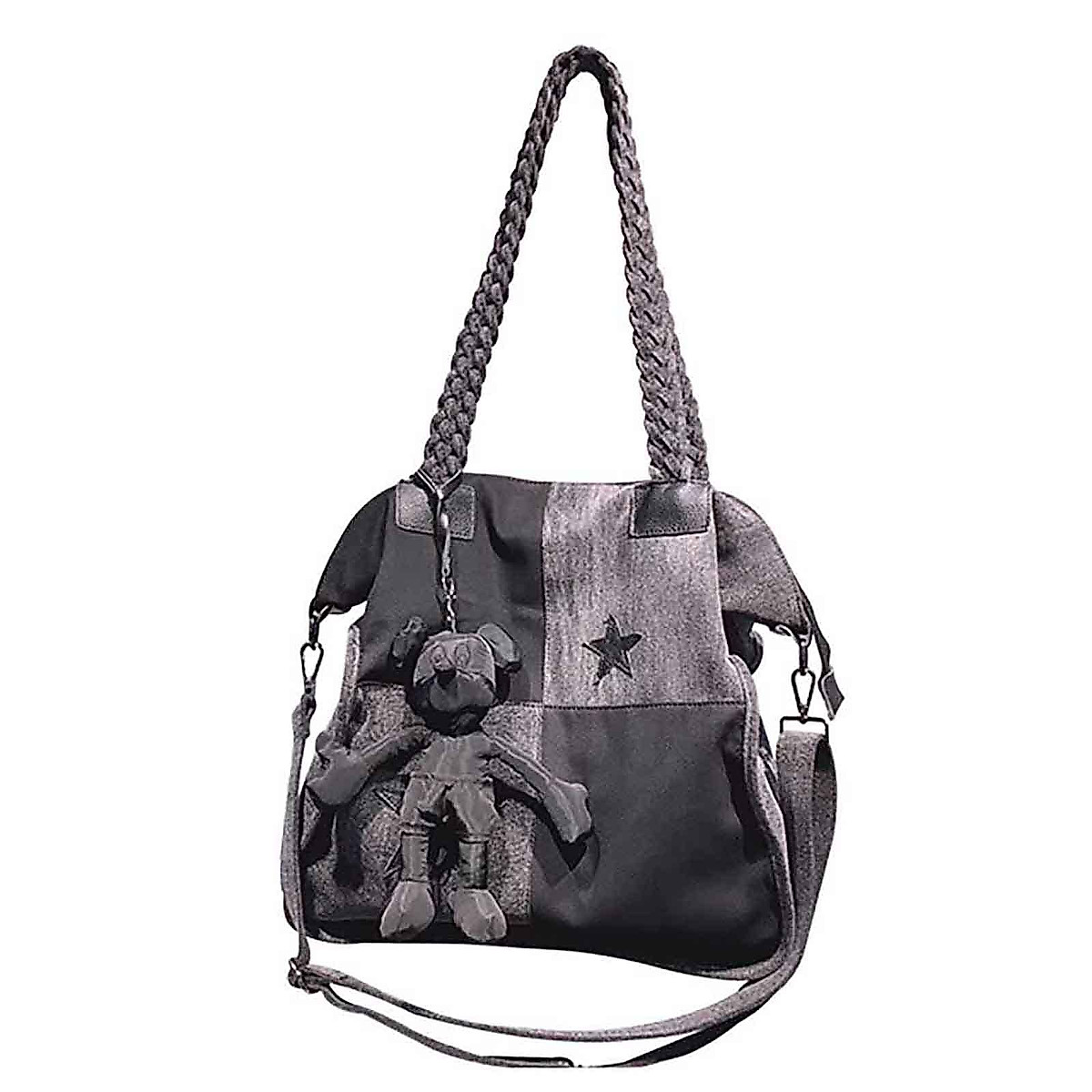 Large capacity women's canvas bag Women's shoulder bag Simple retro messenger bag with cute accessories (Mesh cloth)