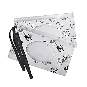 Disney Baby by J.L. Childress Reusable Wet Wipes Case, 2-Pack - Refillable Wipes Holder - Disney World Travel Essential - Includes Wrist Strap - Mickey and Minnie Mouse