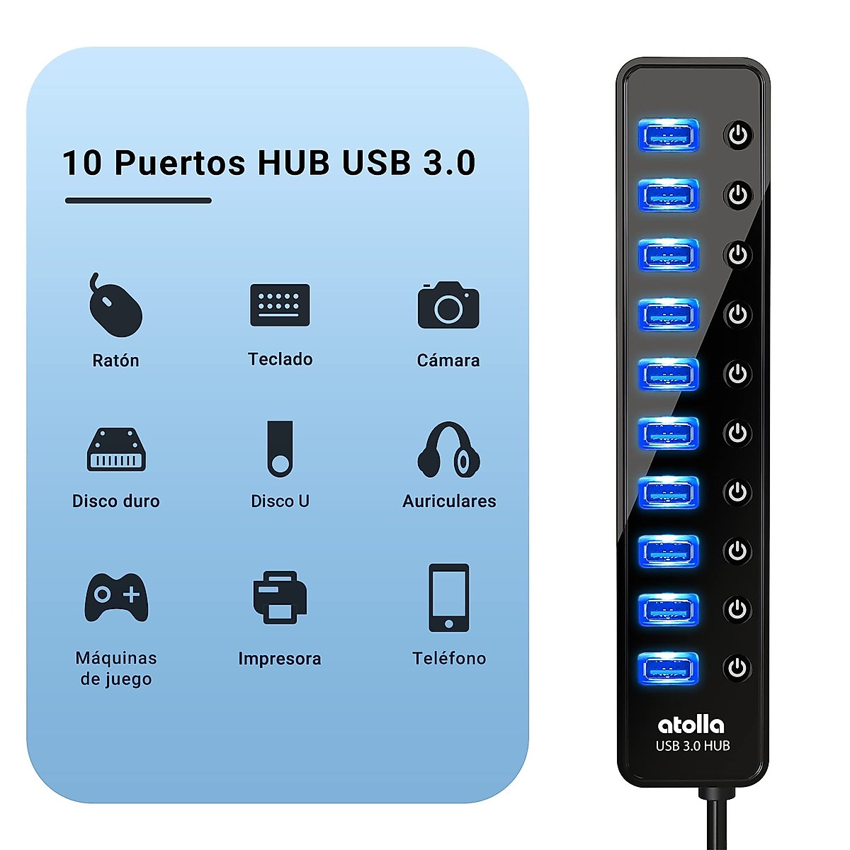 Powered USB 3.0 Hub, atolla 10 Ports USB Data Hub Splitter with Individual ON/Off Switches and 12V/2.5A Power Adapter USB Extension for Mouse, Keyboard, Hard Drive or More USB Devices