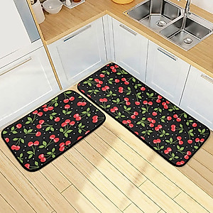 ALAZA Japanese Cute Red Cherry Kitchen Rug Set, 2 Piece Set, Non-Slip Floor Mat for Living Room Bedroom Dorm Home Decor, 19.7 x 27.6 Inch + 19.7 x 47.2 Inch