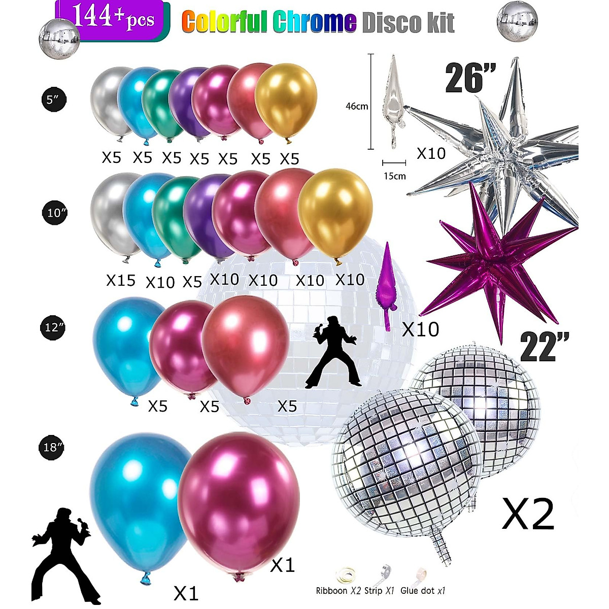 Chrome Balloon garland Arch Kit 130pcs disco party decorations with Metallic purple teal red hot pink Blue &disco ball balloons for 80s 90s birthday Galaxy prom 2024 graduation party decorations
