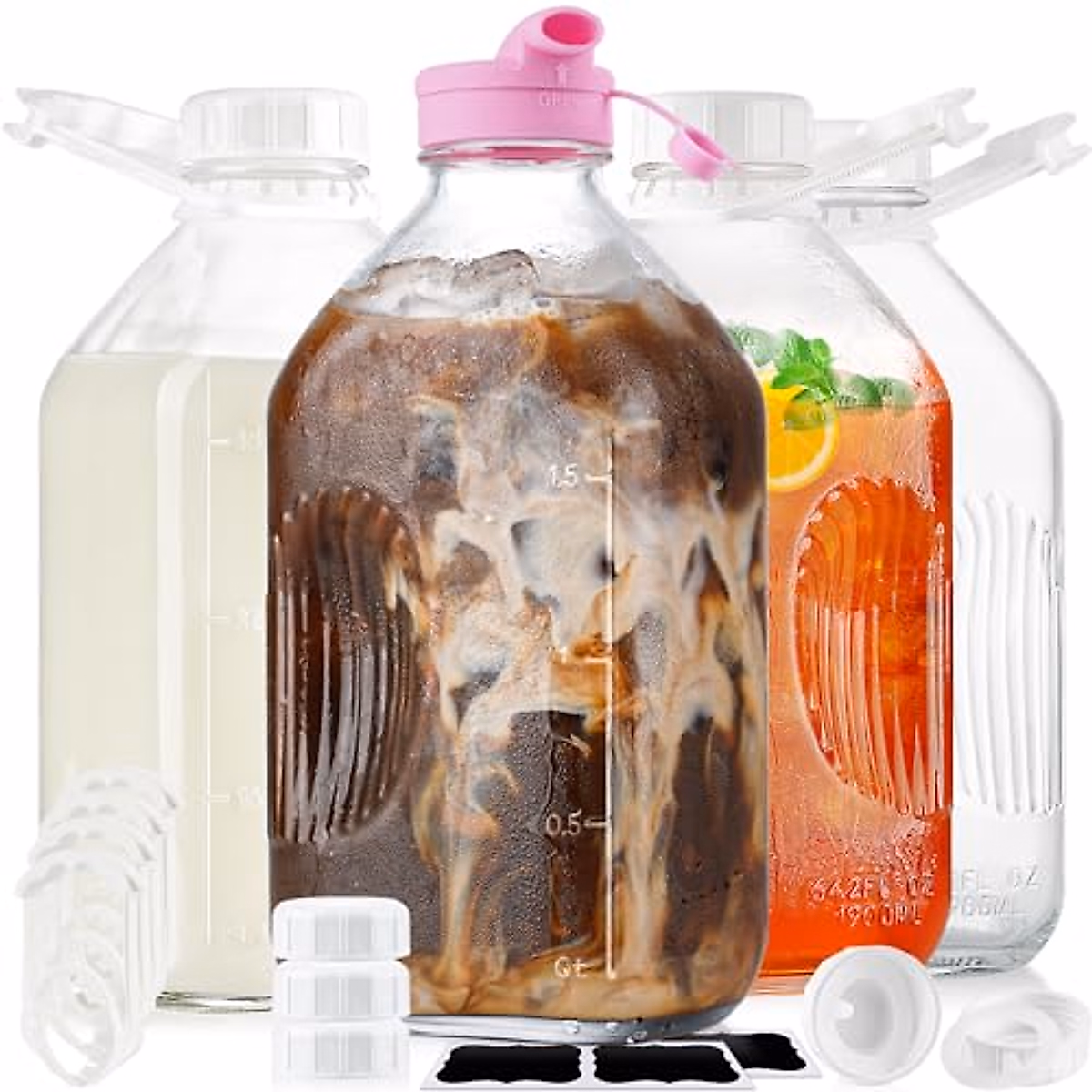 1/2 Gal Heavy Duty Glass Milk Bottle with Strong REUSABLE AIRTIGHT SCREW Lid - 2 Qt Glass Water Bottles - Glass Bottles with 8 Lids AND 8 Handles! - Glass Milk Jug Pitcher with 2 Exact Scale Lines