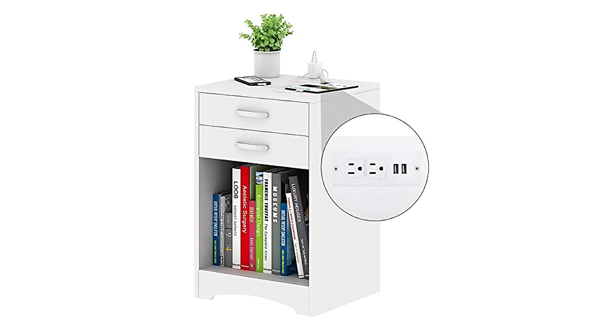 HOSEOKA White Nightstand with Charging Station | Stylish & Functional