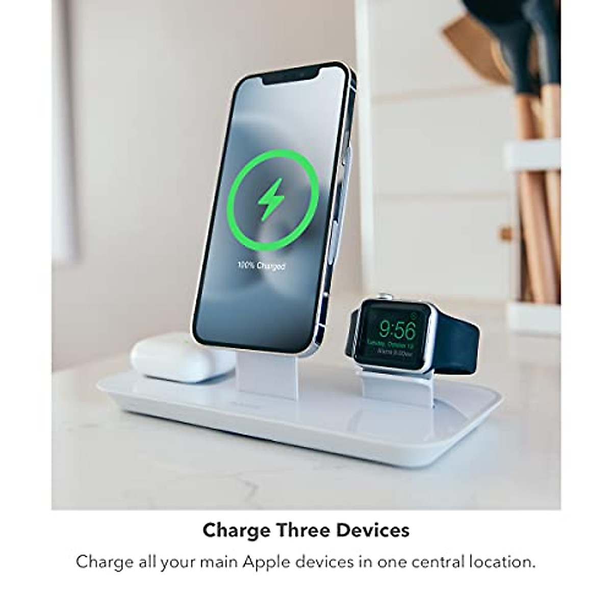 mophie 3-in-1 Magsafe Wireless Charging Stand for Apple iPhone, AirPods/AirPods Pro & Watch, 15W Super-Fast Charging, Stylish Gloss Finish - White (MagSafe charger not included)