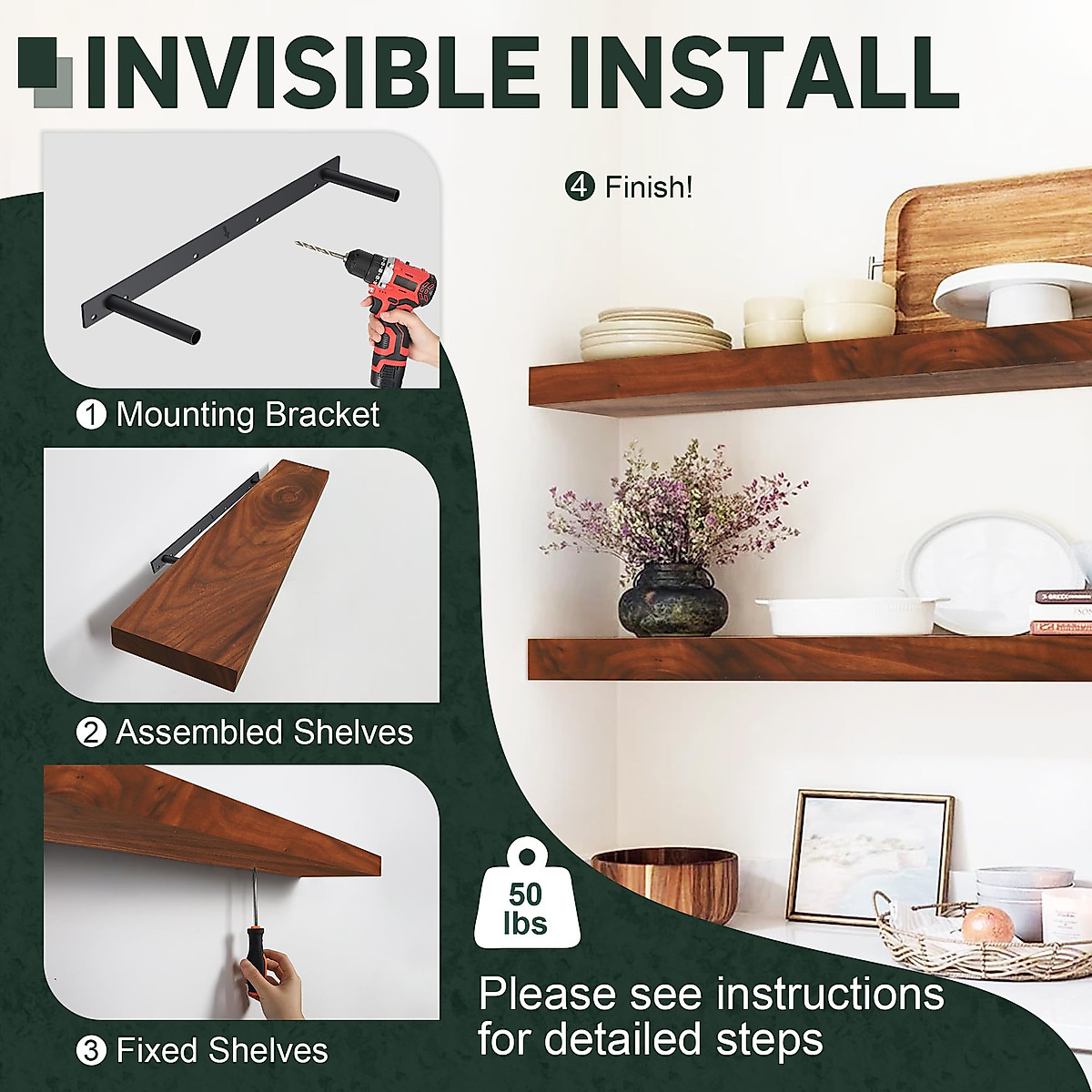 ACTESE Whole Piece of Walnut Wood Floating Shelves for Wall Mount, Thicker and Wider Sturdy Wood Shelf for Bedroom, Bathroom Kitchen and Living Room Decor,36 x 6 x 1.5 inche, Set of 2 (Walnut, 36")