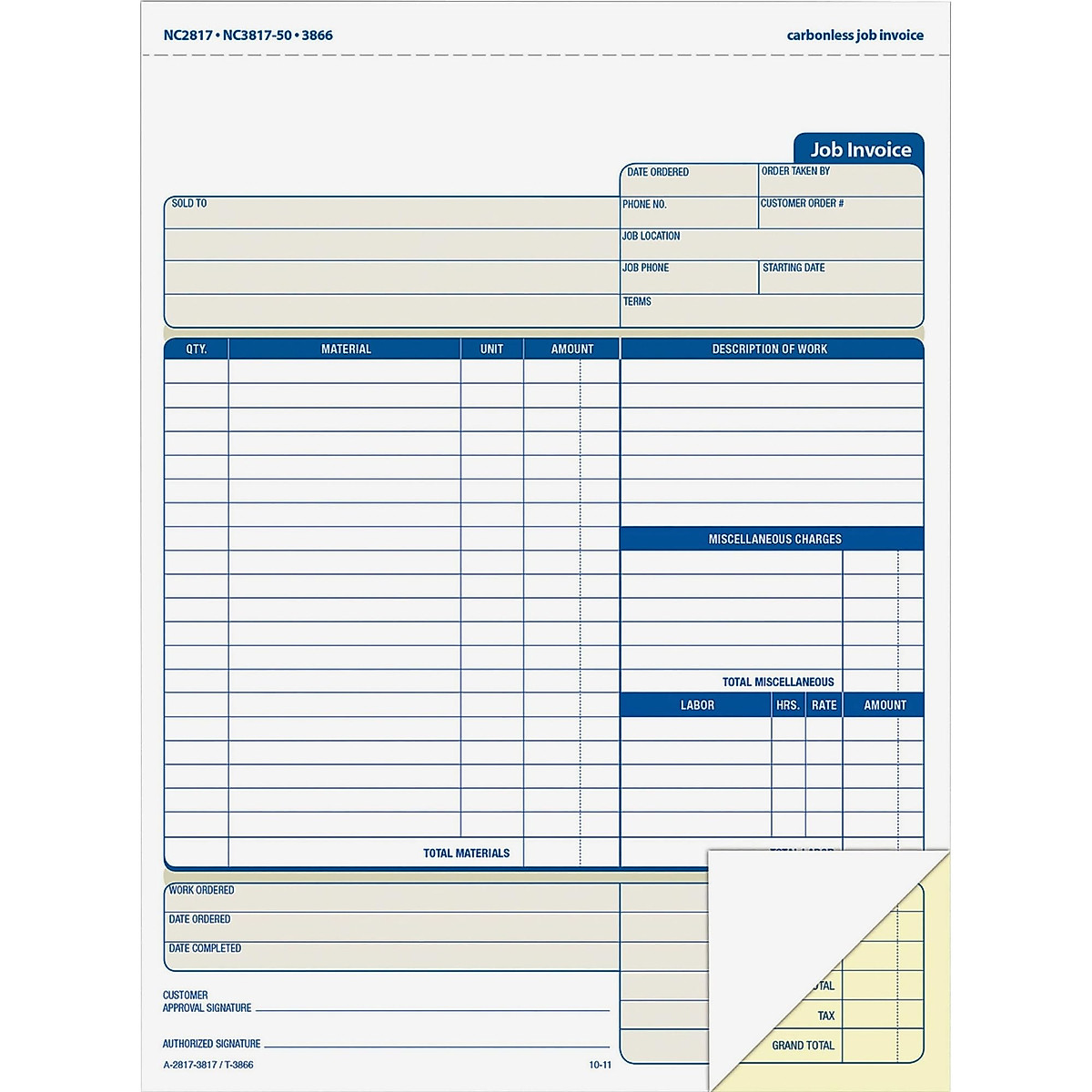 Adams Job Invoice Forms, 2-Part Carbonless, For Service and Repair Billing, 100 Individual Sets Per Pack (NC2817), White, 8-1/2 x 11Inches