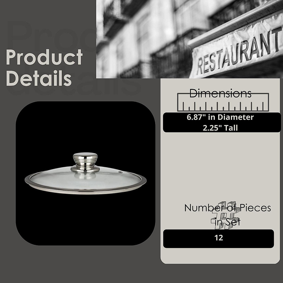 Steelite International 7347MW119 Lid with Stainless Steel Handle, Clear Glass Top, Complimentary to Hot Pot Pan 7347MW120, 6.875" Diameter, 2.25" Height, 12 Pieces