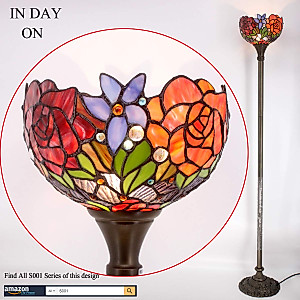 WERFACTORY Tiffany Floor Lamp Red Rose Flower Stained Glass Light 10X10X66 Inches Pole Torchiere Standing Corner Torch Uplight Decor Bedroom Living Room Home Office S001 Series