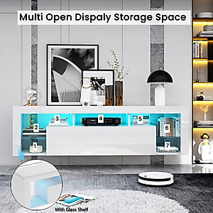Gitua Floating TV Stand Wall Mounted, High Gloss LED Floating Entertainment Center with Storage&Adjustable Glass Shelf, TV Stand for 65 Inch TV, Gaming Media Center Console Table with Lights, White