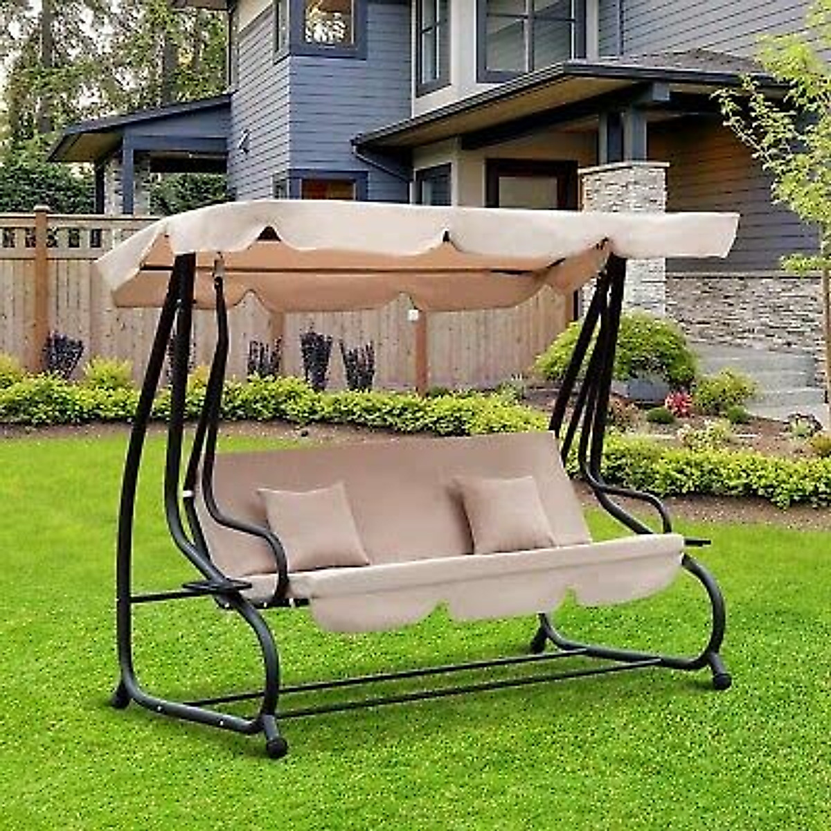Outdoor 3-Person Patio Porch Swing Hammock Bench with Adjustable Canopy Beige