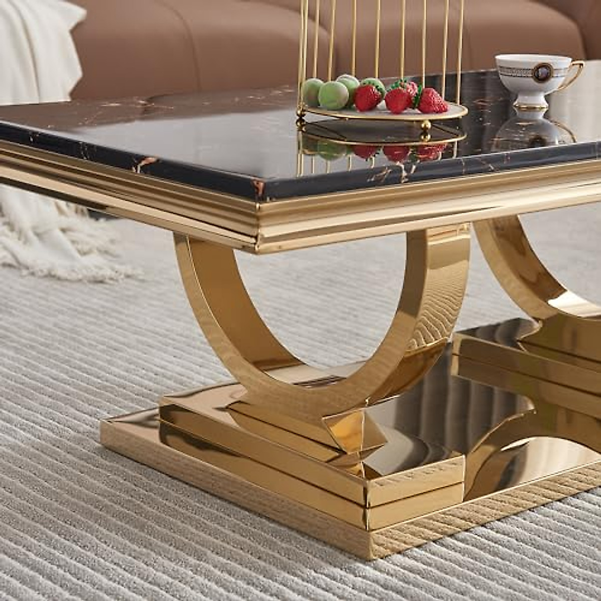 Maotifeys Black and Gold Marble Mid Century Modern Coffee Table with O Shape Stainless Steel Pedestal Base, Rectangle Marble Top for Living Room, Bedroom, Office Behind Couch