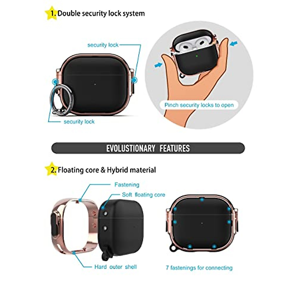 GuarzFun case for AirPods 3, AirPod 3 case with Secure Lock, Hybrid Material, Full Body Protective case Cover for AirPod 3rd Generation (Rose Golden + Black)