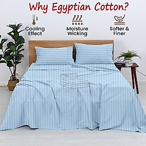400 Thread Count 100% Egyptian Cotton Sheet Set - Queen Size Sheets Set - 12 inch Deep Pocket of Fitted Sheet - 4 Piece Sheet Set (Sky Blue Stripe - Queen 12 inch Deep Pocket Sheets)