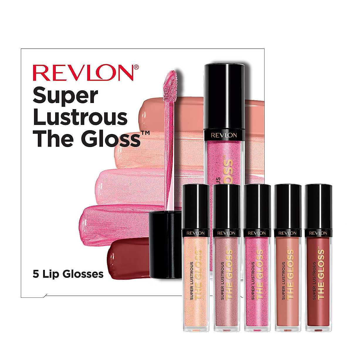 Revlon Super Lustrous The Gloss, 5 Piece Lipgloss Gift Set, Non-sticky High Shine Color in Cream & Pearl Finishes, Pack of 5, 0.75 Fl Oz