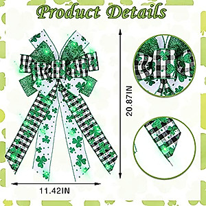 Saint Patrick's Wreath Bows St. Patrick Bows with Mini LED Glitter White Clover Plaid Burlap Bow for Wreaths, St Patrick's Day Ribbon Bows Tree Topper Bows for Indoor Outdoor Decoration Supplies
