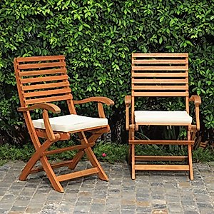 IDZO, Percy Wood Folding Chairs Heavy Duty 400lbs Capacity Set of 2 w/Cushion, FSC Acacia Outdoor Furniture, Teak Finish, Fully Assembled, Beige