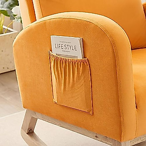 BeiXuan Modern Wood Indoor/Outdoor Rocking Chairs, Single Sofa Accent Nursery Rocking Chair with High Back Side Bag,Upholstered Glider Rocker for Living Room/Bedroom/GardenPatio,Orange Flannel Cloth