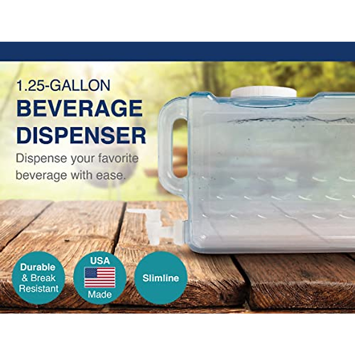 Arrow Slimline Drink Dispenser for Fridge, 1.25 Gallons - Plastic Beverage Dispenser with Spigot for Easy Dispensing - USA Made, BPA Free Plastic - Convenient Handle, Easy-Pour Spout