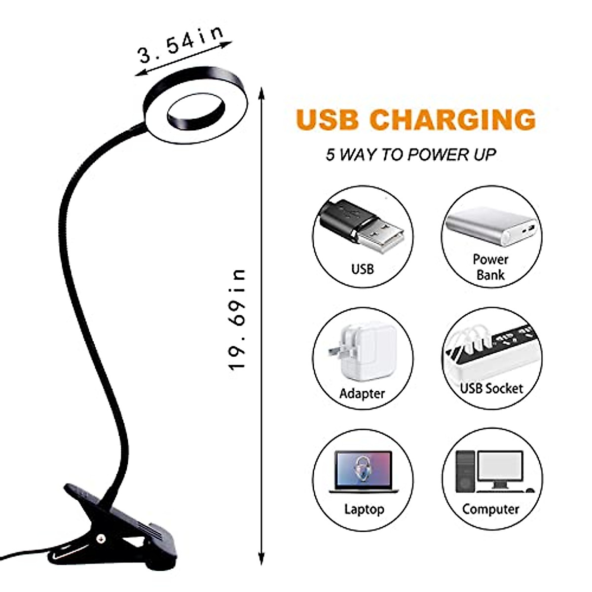Earendil Desk Lamp,Clip On Reading Light,3 Color Modes 10 Brightness Level USB Charging Port 48 LED Eye Protection 360 Degree Spin Gooseneck Study lamp for Home Office Reading