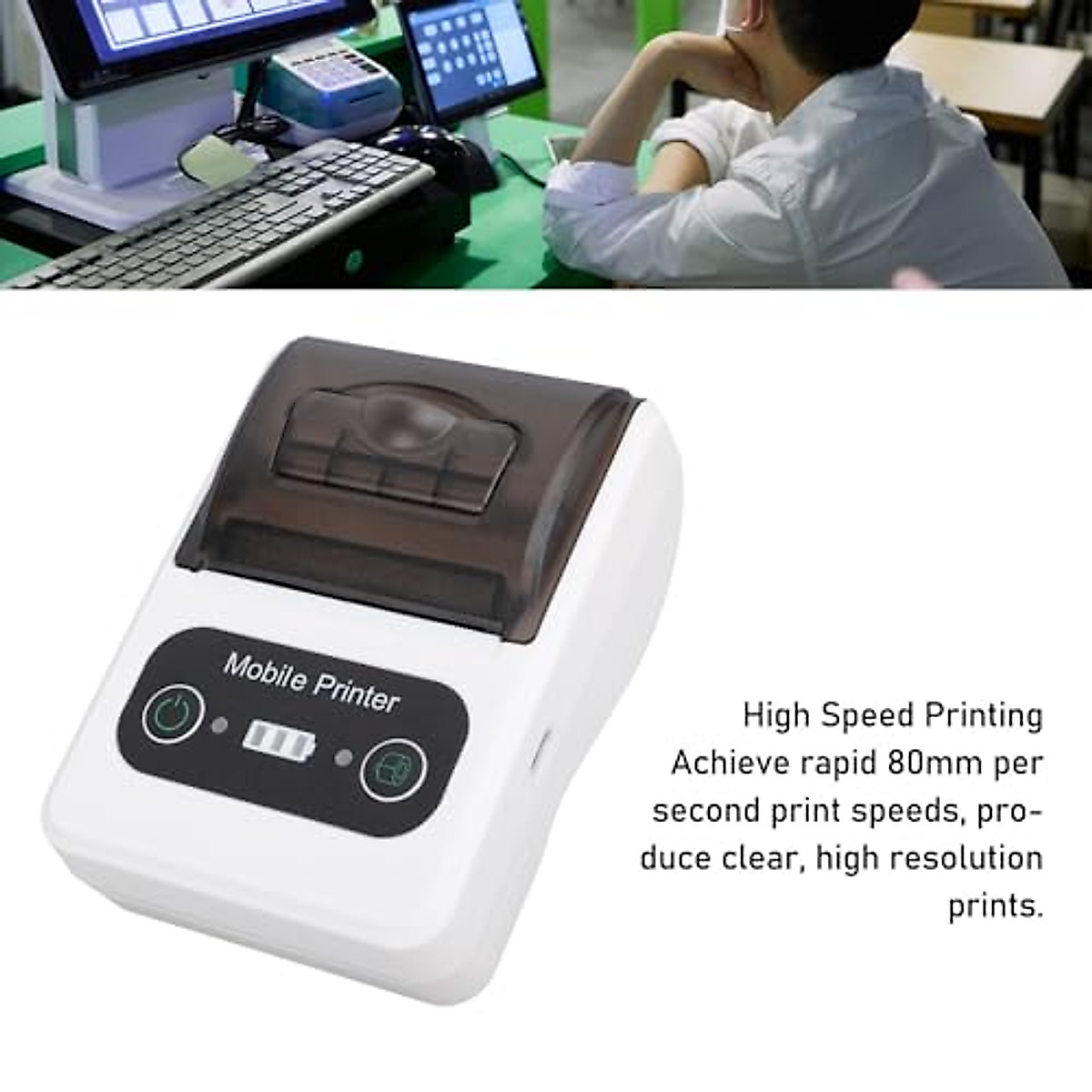 80mm Thermal Receipt Printer with Built in, Portable Thermal Ticket Printer, Printer for Direct Labels with Toothed Blade, Fast Print Speed, No Ink Need (Black White)
