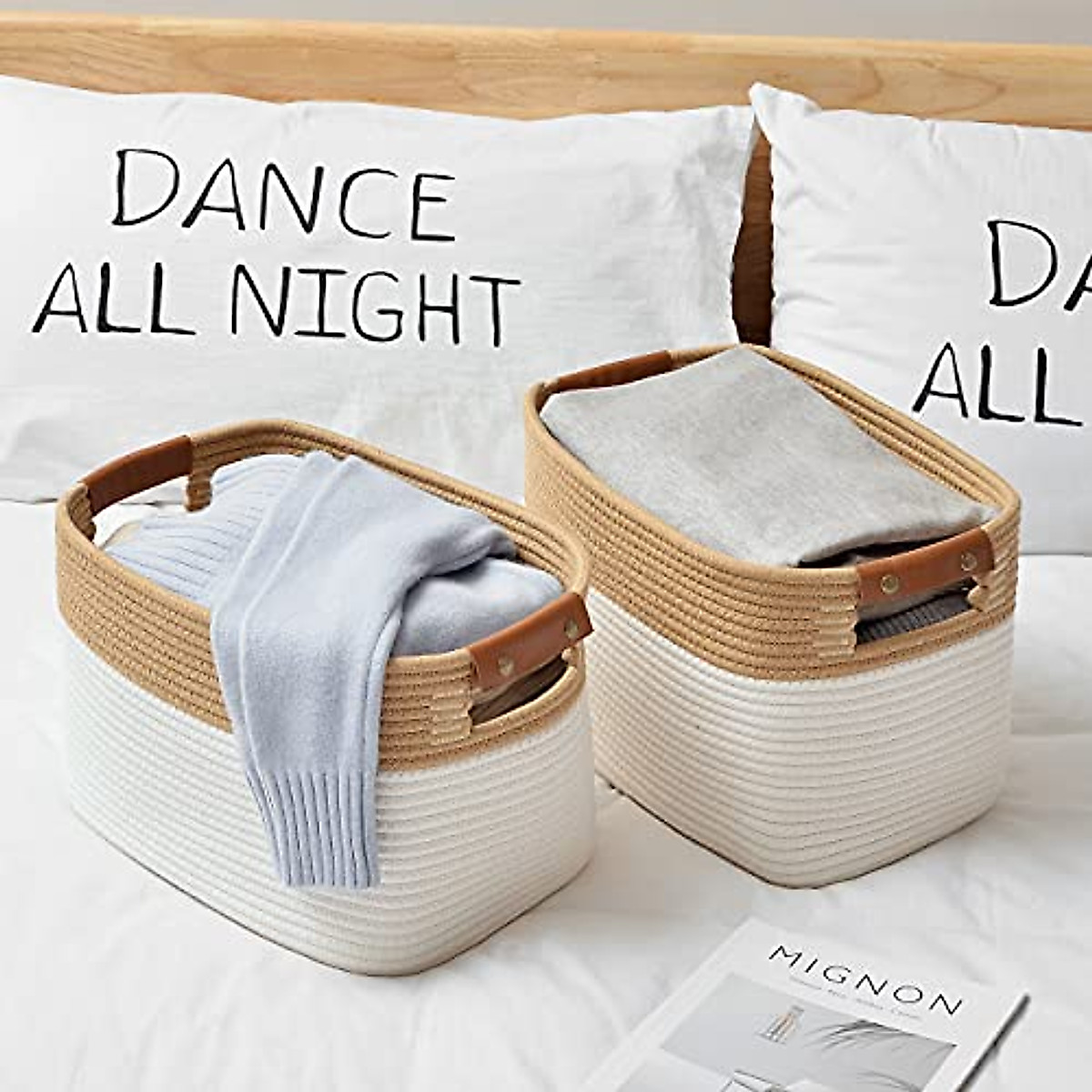 Cotton Rope Basket, Decorative Woven Basket With Leather Handles, Rectangle Storage Basket For Clothes, Toys, Makeup, Books, Towels, Sundries 15.3×10×9.4 inches(3-Pack, Brown&White)