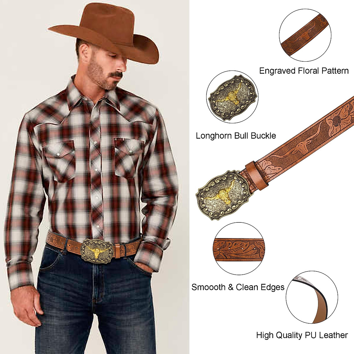 Mealah Men-Women-Western-Cowboy-Belt PU-Leather Floral Engraved-Bull-Buckle-Belts for Jeans (for 25" to 38" Waist)