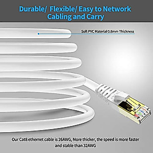 KASIMO CAT 8 Ethernet Cable 3 FT, Cat8 Internet Cable 40Gbps with RJ45 Gold Plated Connector SFTP, High Speed Gaming LAN Patch Cable, Compatible with Cat5/Cat6/Cat7, White (White, 3FT 1 Pack)