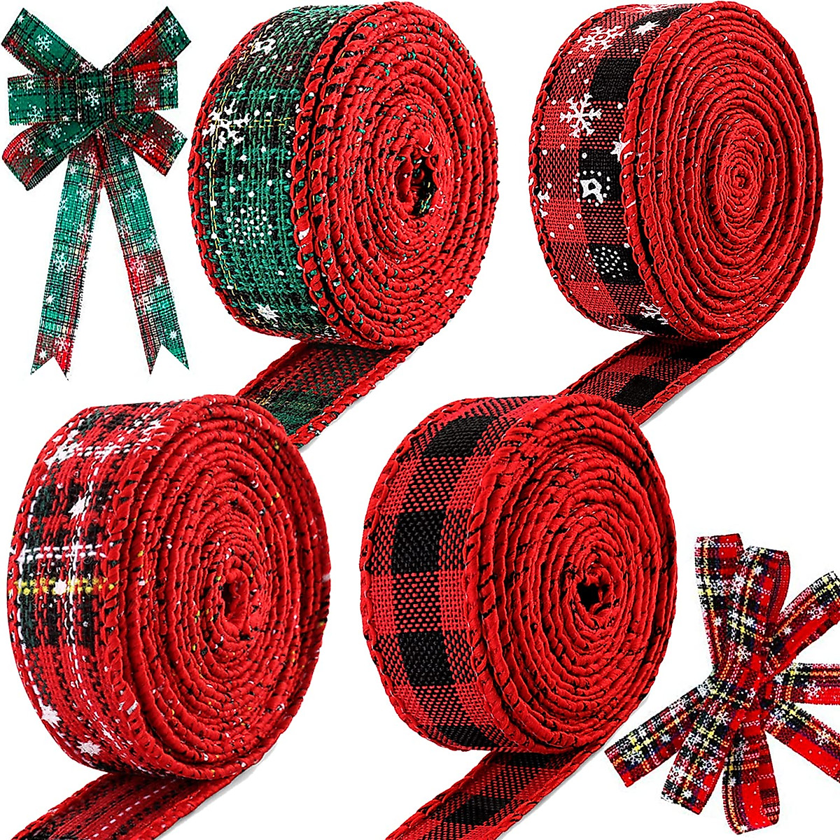 Christmas Ribbon, Ribbon for Christmas Tree, Snowflake Christmas Plaid Ribbon, Christmas Crafts, Home Wrapping Craft Decoration, Ribbons for Crafts, 24 Yards in Total, 6 Yards Each Roll, 1 Inch Width