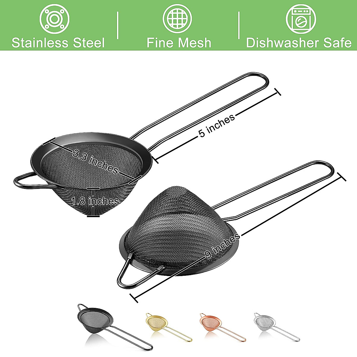TeamFar Fine Mesh Strainer, 3.3’’ Stainless Steel Tea Strainer Bar Strainer Small Conical Cone Mesh Straine for Cocktail Coffee Juice, Healthy & Easy Clean, Long Handle & Hanging Loop, Black