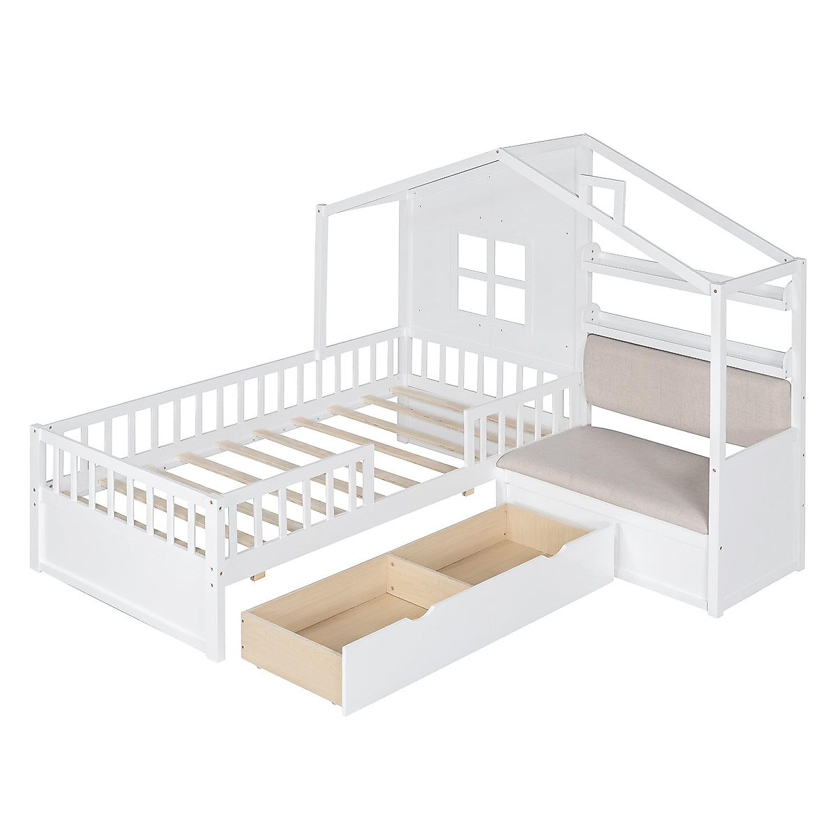Twin Size House Bed Frame for Boys Girls Kids Adults Toddler with Sofa, Kids Platform Bed with Two Drawers and Storage Shelf, White