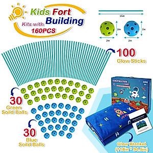 160PCS Kids Fort Building Kit Glow in the Dark Build a Fort with Blanket STEM Educational Toys for 4 5 6 7 8 9 10 11 12 Years Boys Girls Ultimate Construction Gift DIY Forts Builder Set Indoor Outdoor