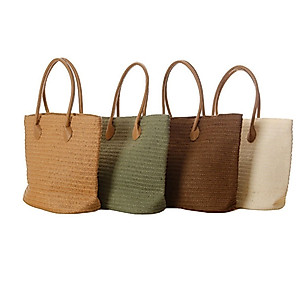 Women's Classic Straw Summer Beach Shoulder Bag Handbag Tote With PU Leather Straps Handmade Purse, White, Medium