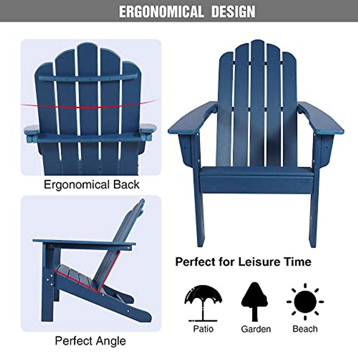 Piamomso Folding Plastic Adirondack Chair, All Weather Resistant Fire Pit Chair for Outside Patio Lawn Garden Backyard Deck, Blue